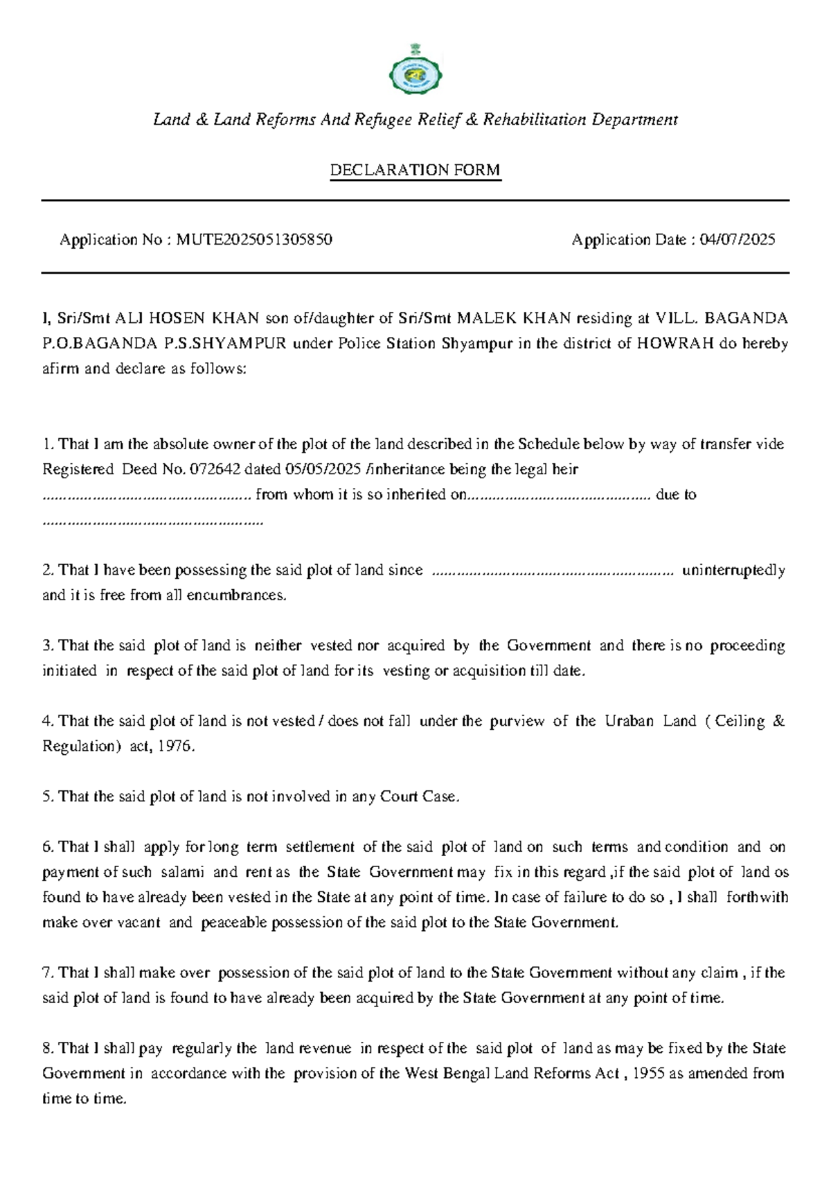 Land Reforms & Refugee Relief Declaration Form - MUTE2025051305850 ...