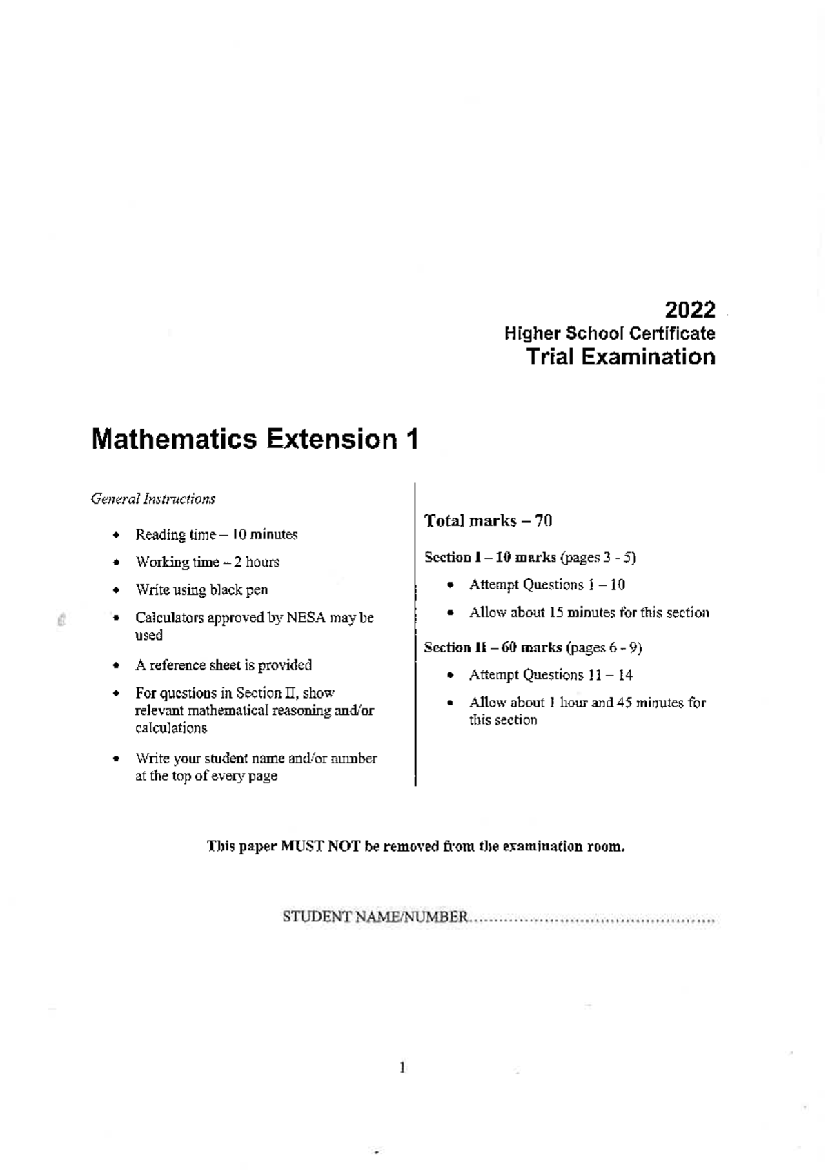 2022 HSC Mathematics Extension I Trial Exam & Solutions - Studocu