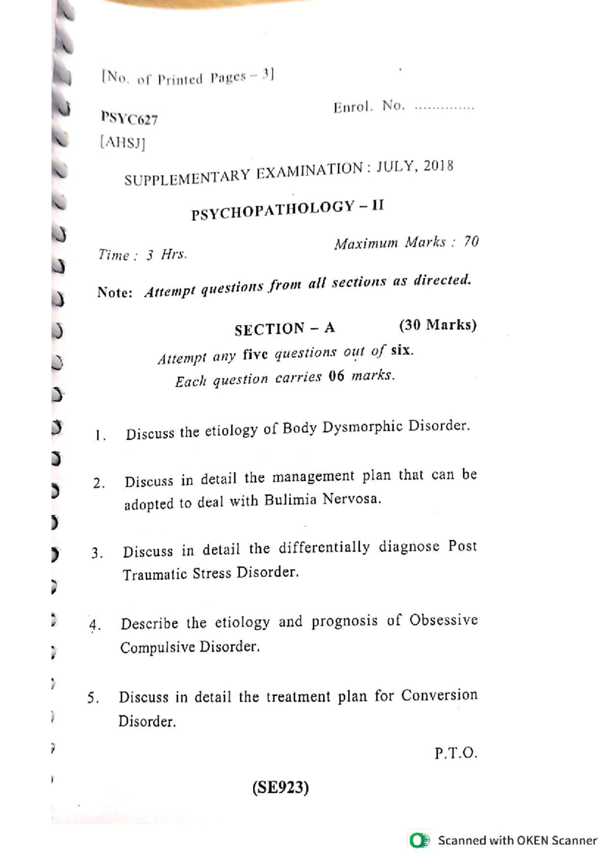 PSYC627 - Psychopathology Past Year Question Papers for Practice Exam ...