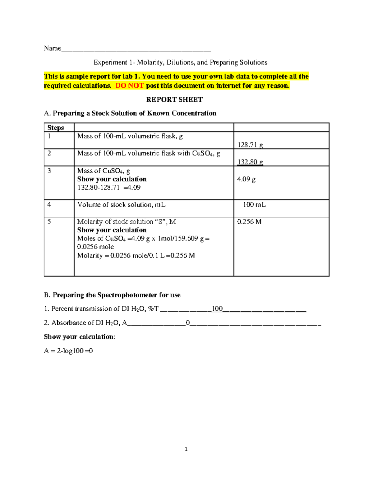 Experiment 1 - Molarity, Dilutions, & Preparing Solutions - Lab Report ...