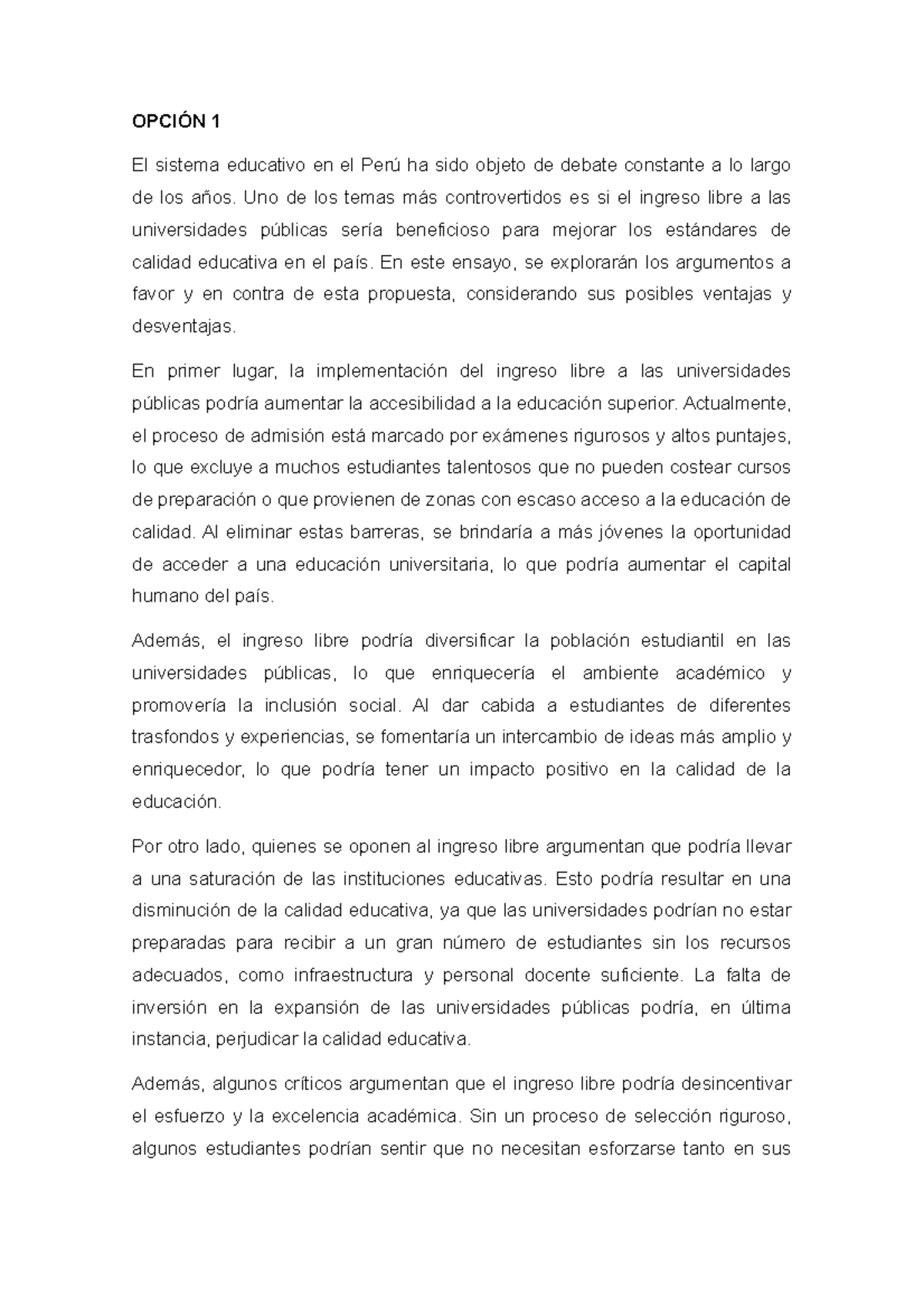 Ensayo Argumentativo: Ingreso Libre a Universidades en Perú - Studocu