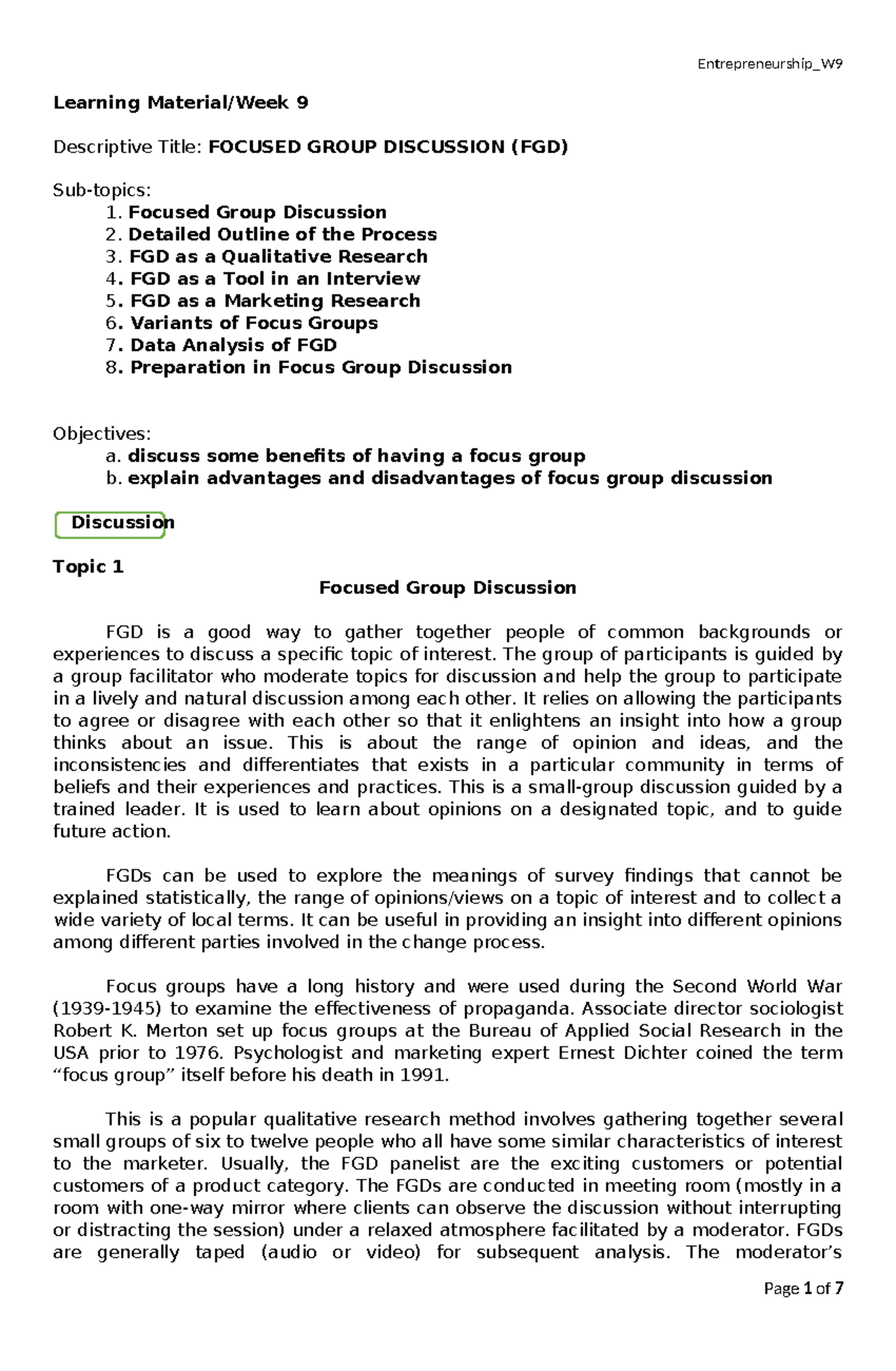 Entrep-Week-9: Summary of Focused Group Discussions (FGD) - Studocu