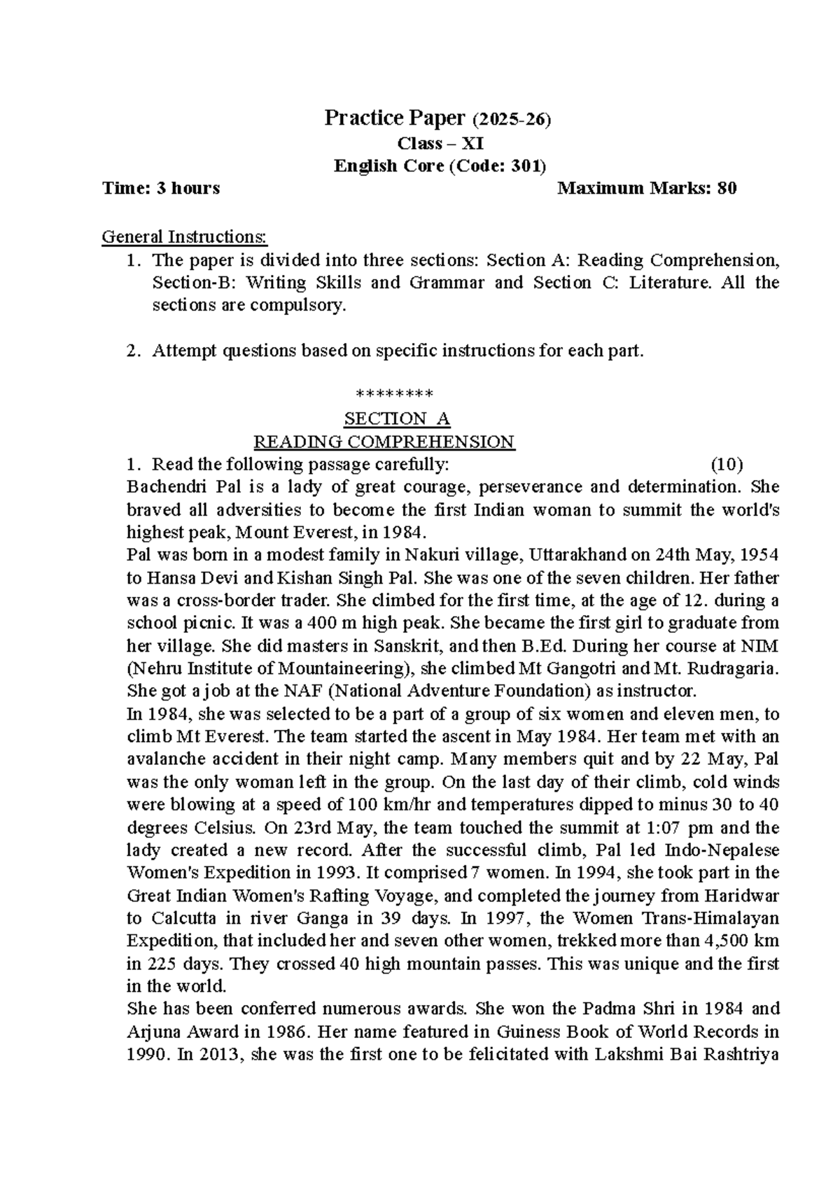 Class XI English Core Practice Paper 2025: Comprehensive Review - Studocu