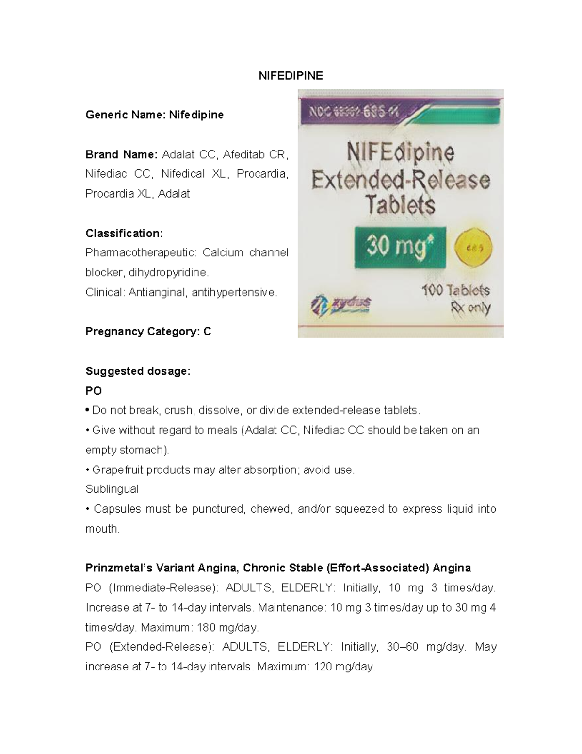 Nifedipine Drug Study: Uses, Dosages, and Nursing Considerations - Studocu