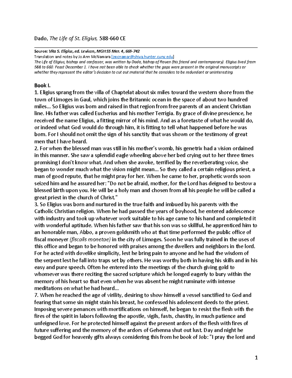 Dado, Life of St. Eligius (588-660 CE): Translation and Notes - Studocu