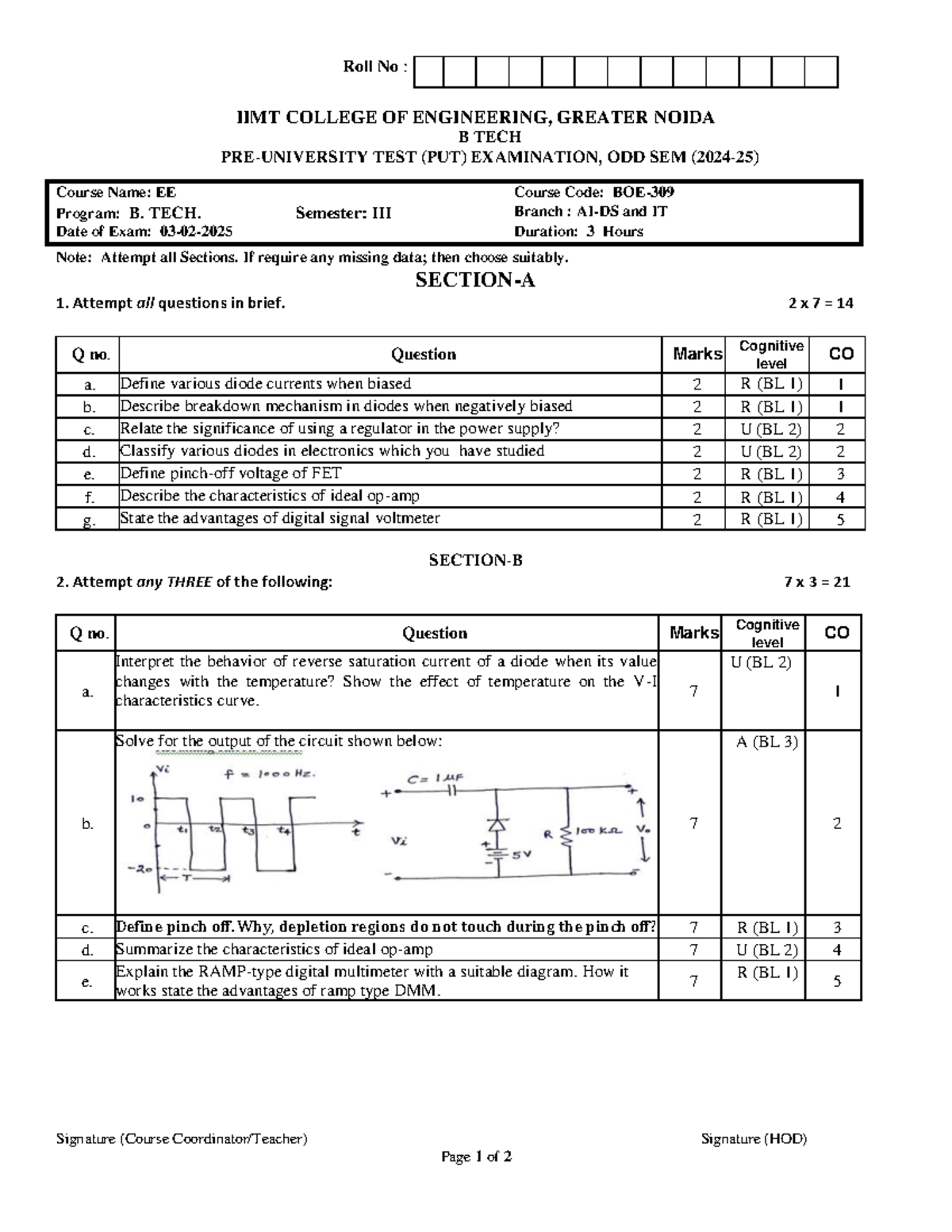 PUT of EE (BOE-309) - Roll No : Signature (Course Coordinator/Teacher ...