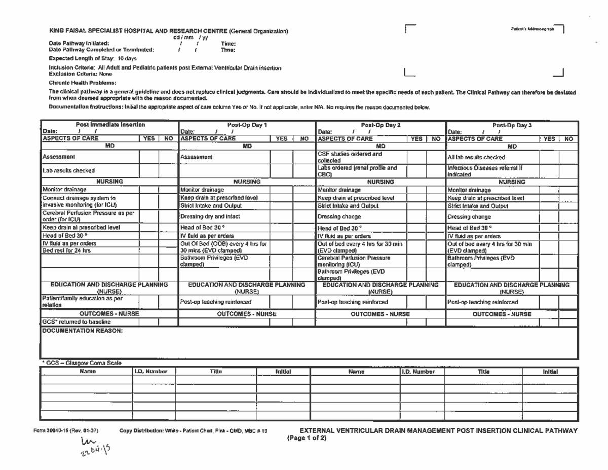 EVD Management Clinical Pathway Post Insertion - 2204.15 - Studocu