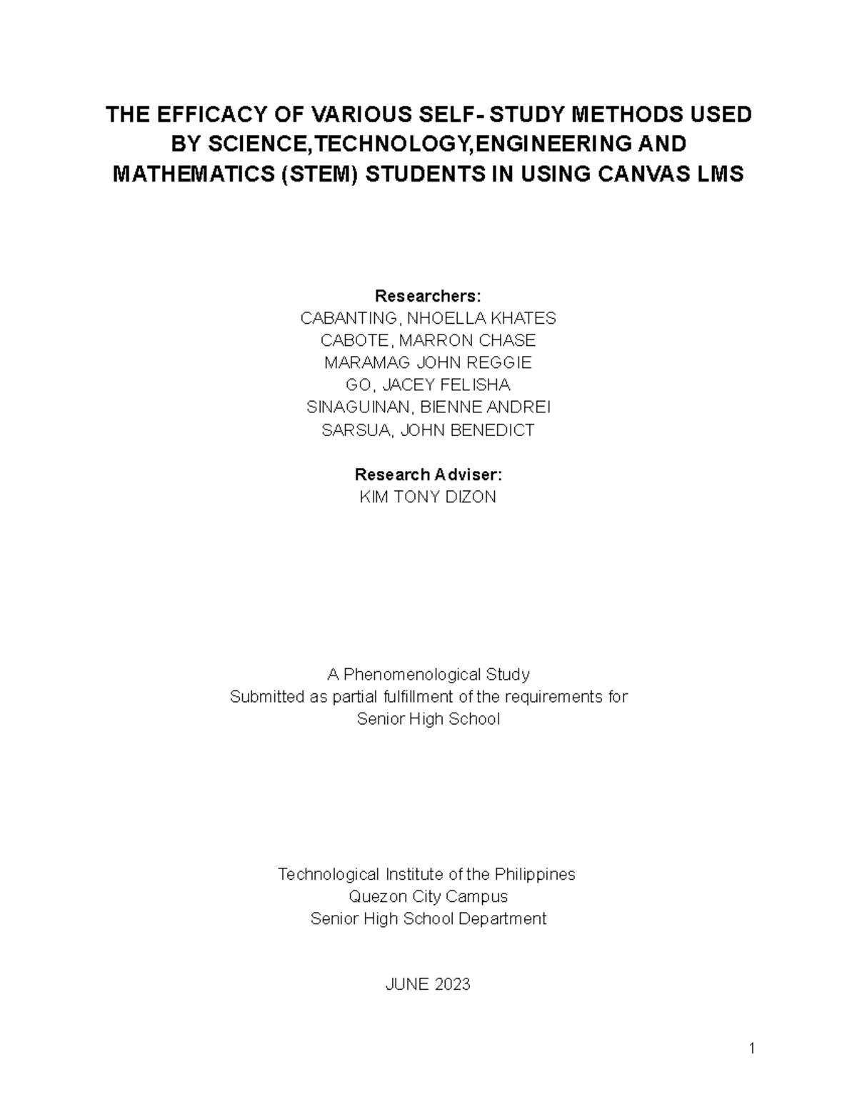 Efficacy of Self-Study Methods Among Grade 11 STEM Students Using ...