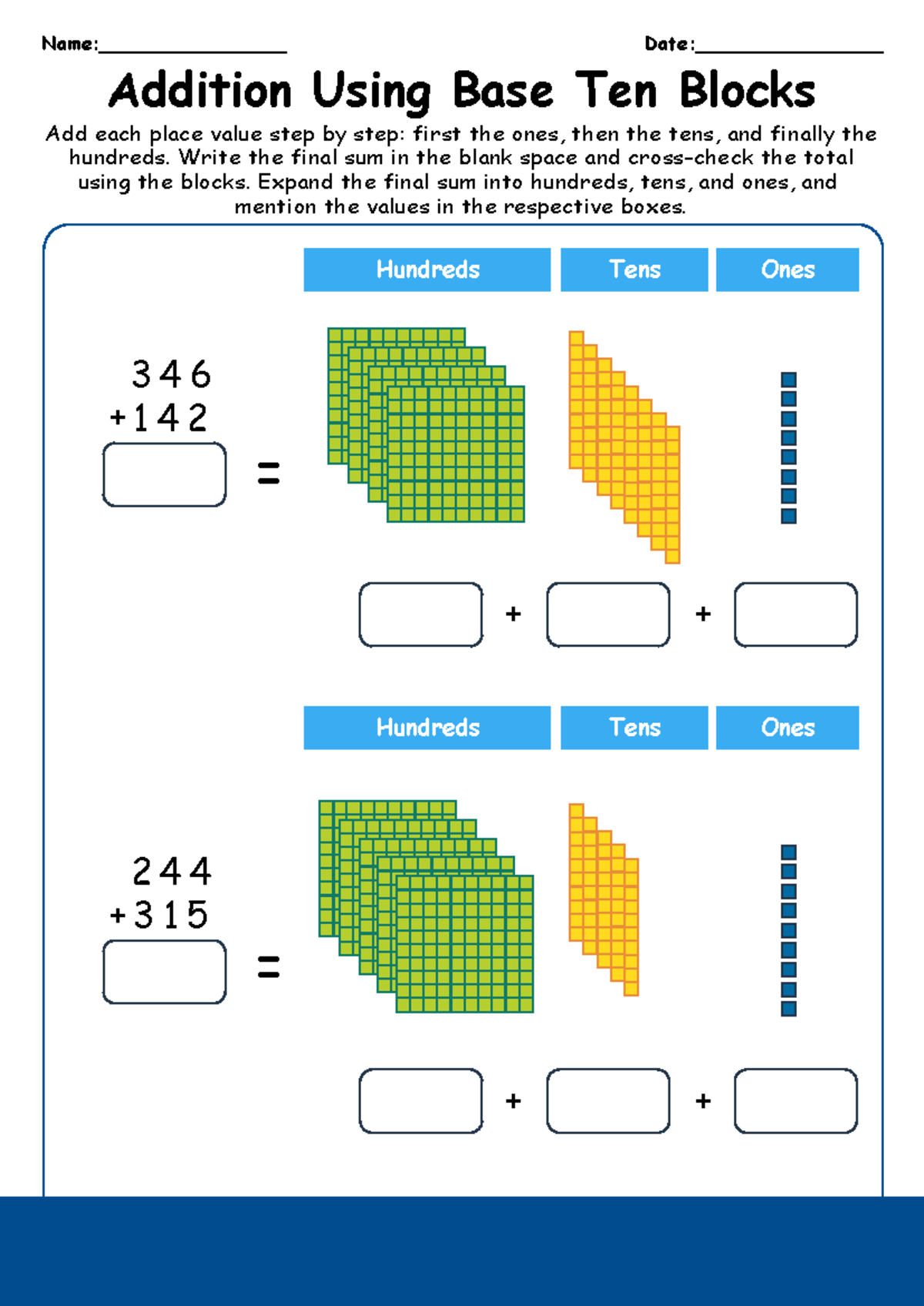 Addition Using Base Ten Blocks - 2nd Grade Worksheet - Add each place ...