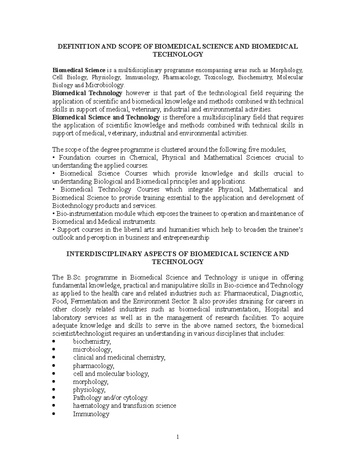Introduction to BioMedical Science - DEFINITION AND SCOPE OF BIOMEDICAL ...