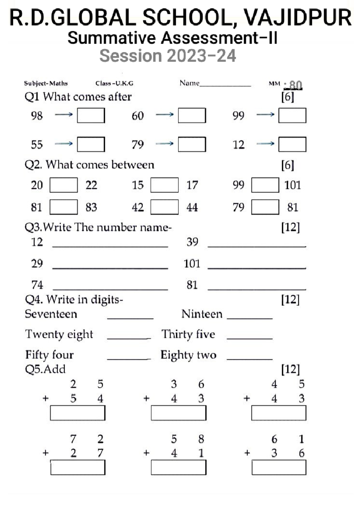 UKG Math Summative Assessment - R.D. Global School - Studocu