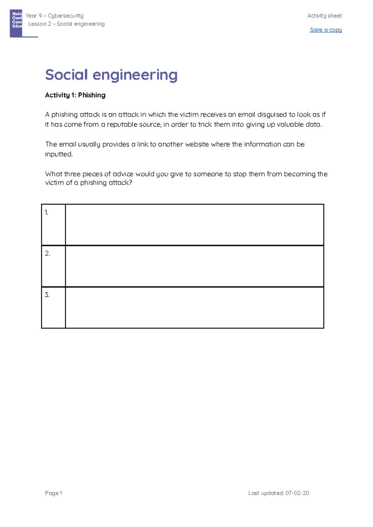 A1 Worksheet - Lesson 2: Social Engineering & Phishing Strategies - Studocu