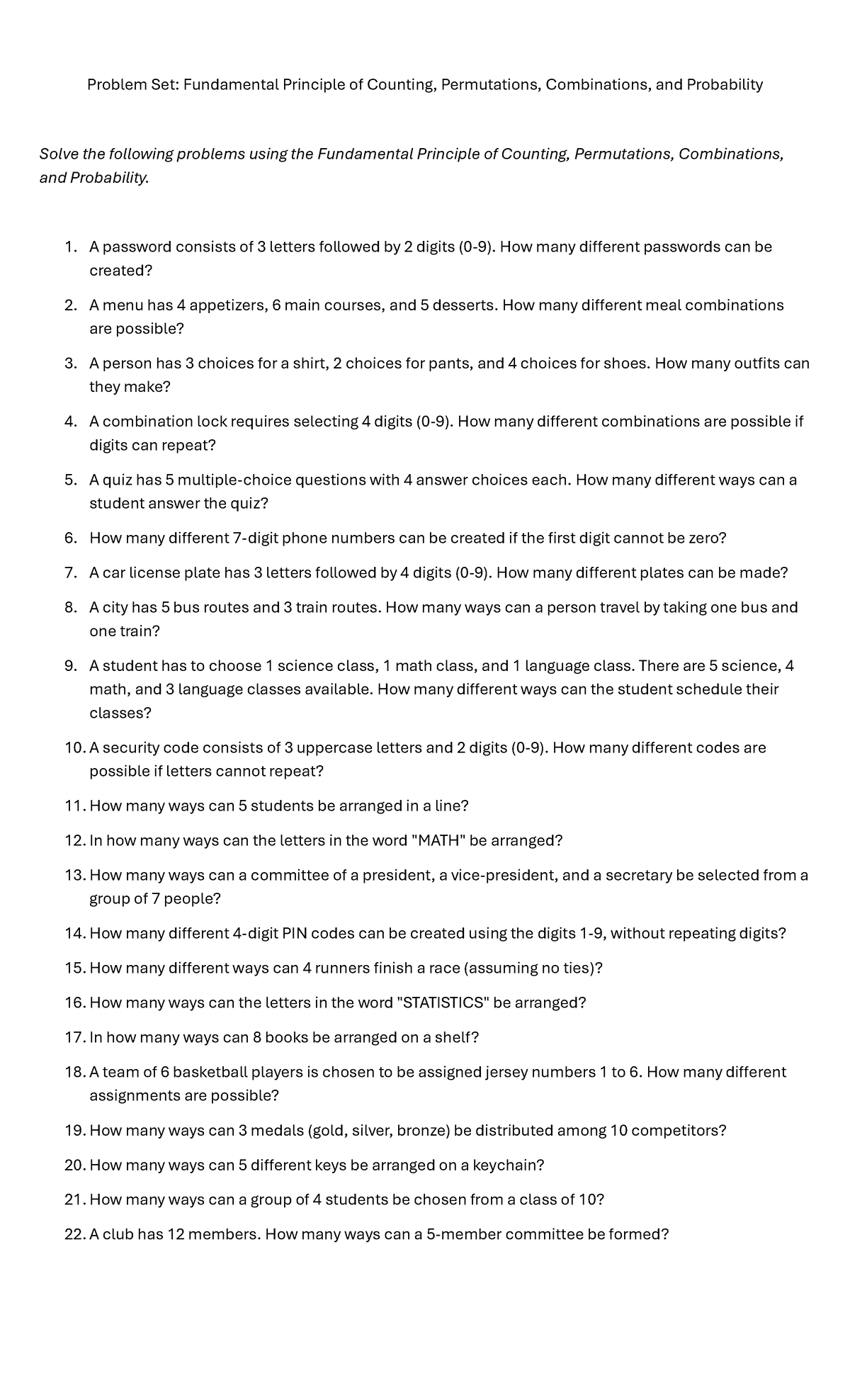 Problem Set: Counting Principles, Permutations, Combinations ...