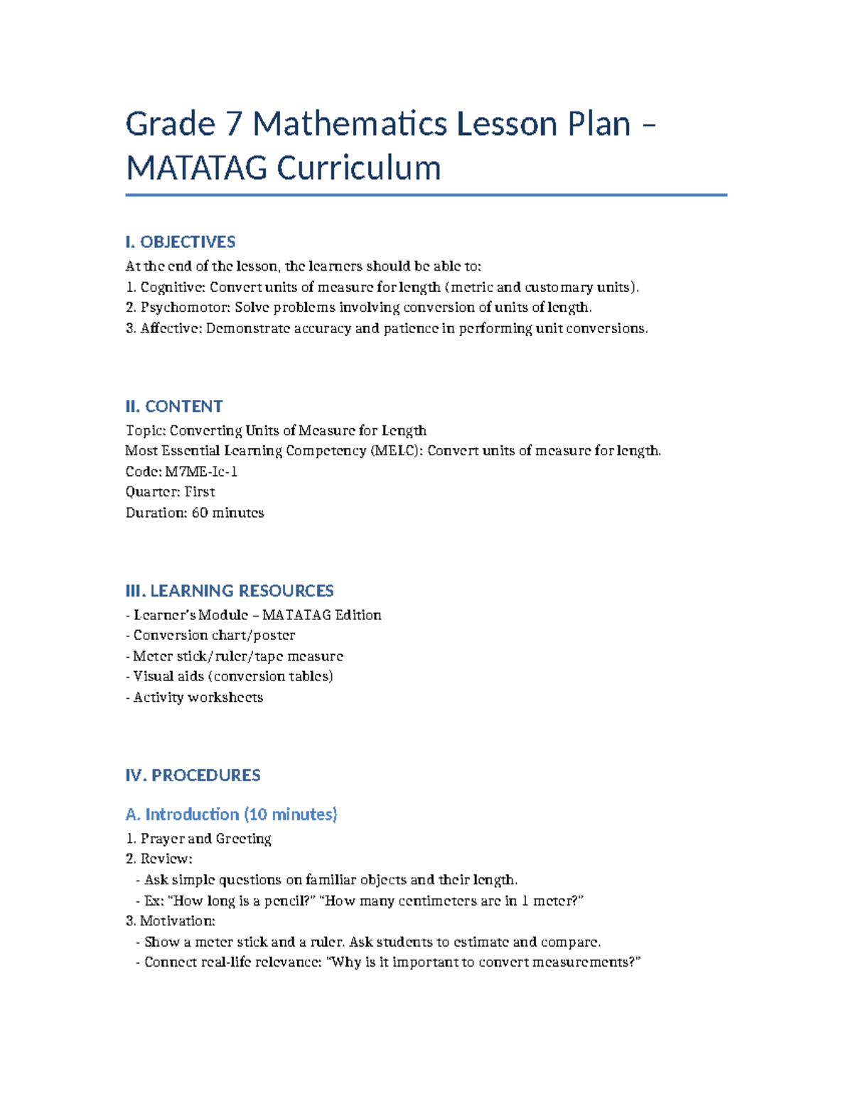 G7 Math Lesson Plan: Converting Units of Length (MATATAG) - Studocu