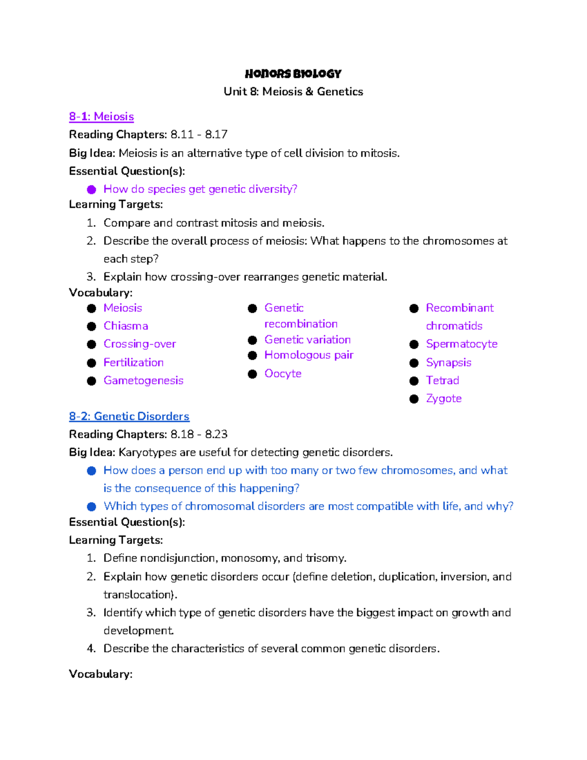 HNRS Unit 8 Outline - Study Guide - Honors Biology Unit 8: Meiosis ...