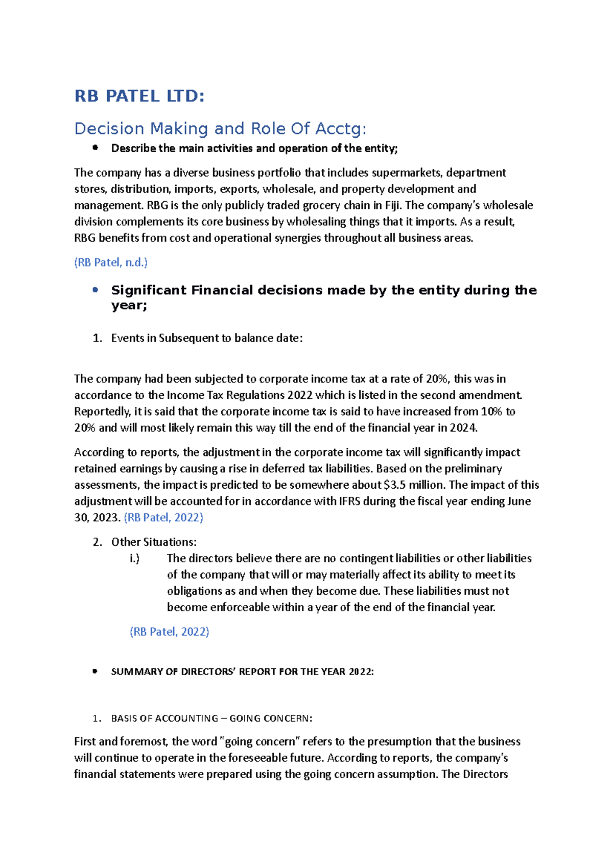 RB Patel Ltd: Major Group Assignment - Part 1 Analysis and Findings ...