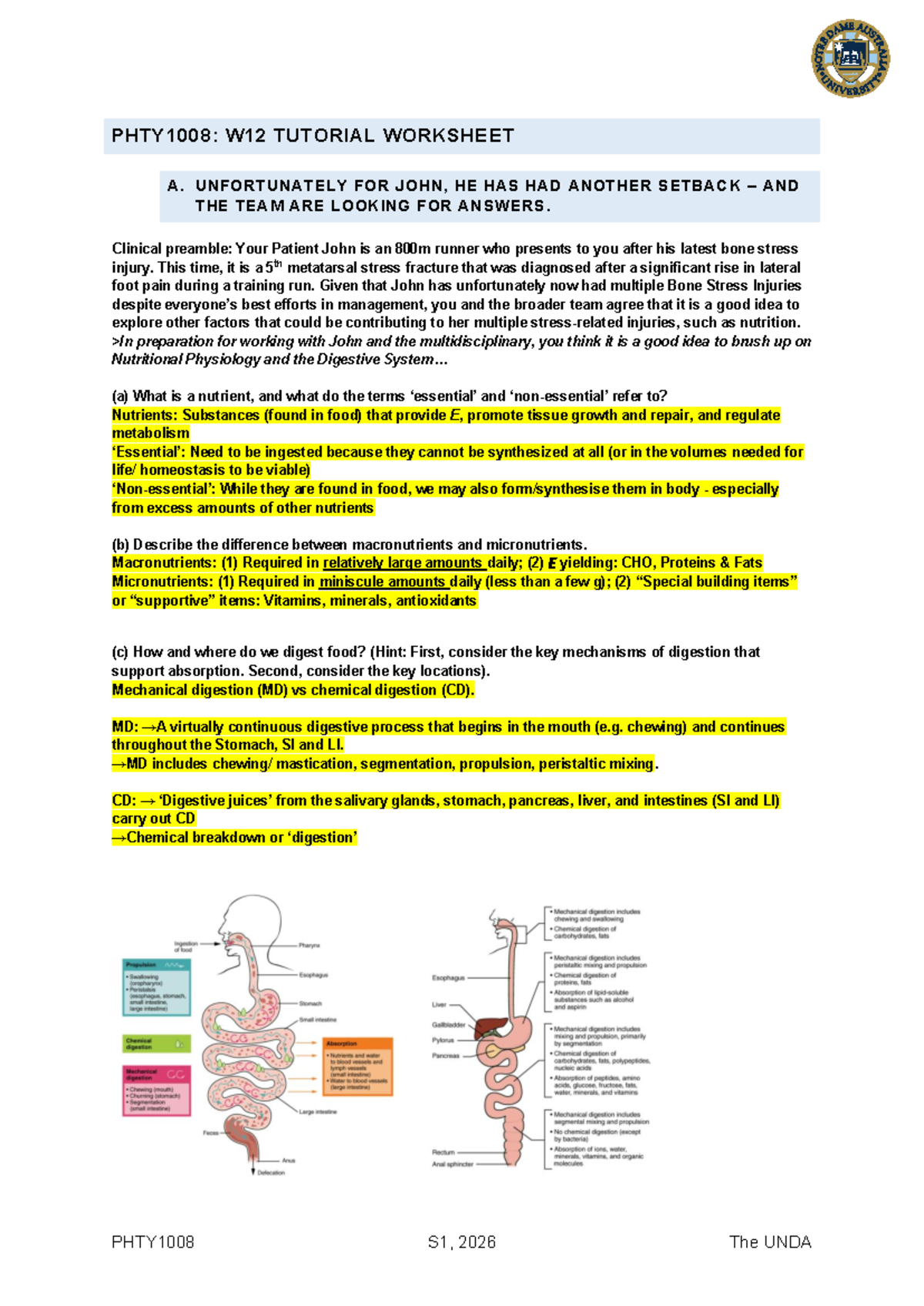 PHTY1008: W12 Tutorial Worksheet on Nutritional Physiology - Studocu