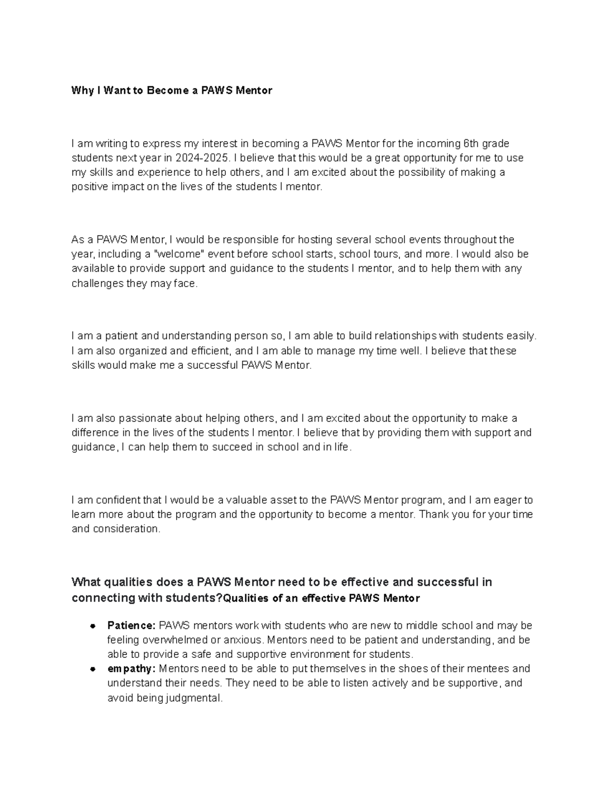 PAWS Mentor Application: Qualities & Experiences for Success - Studocu