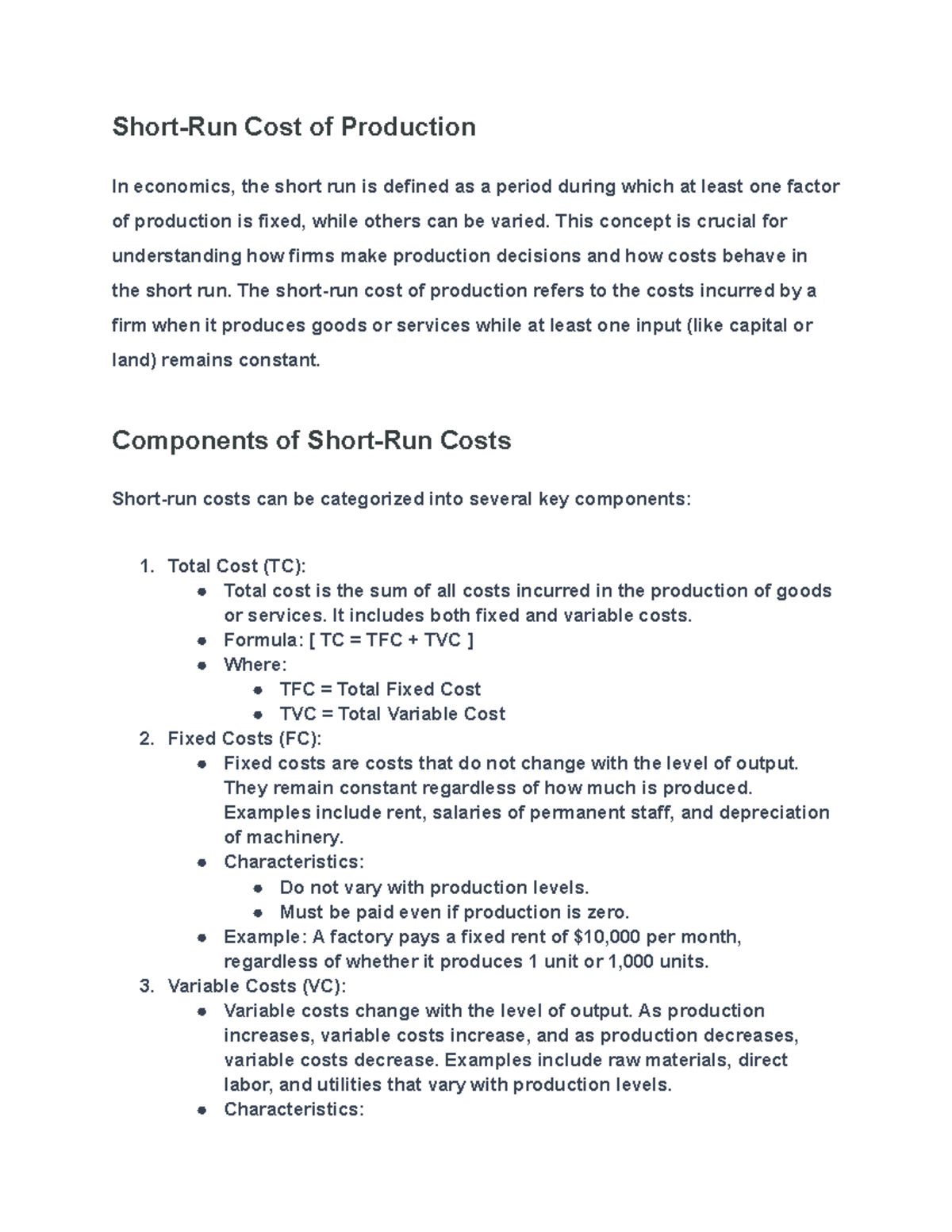 Short-Run Cost of Production Explained: Key Components & Curves - Studocu
