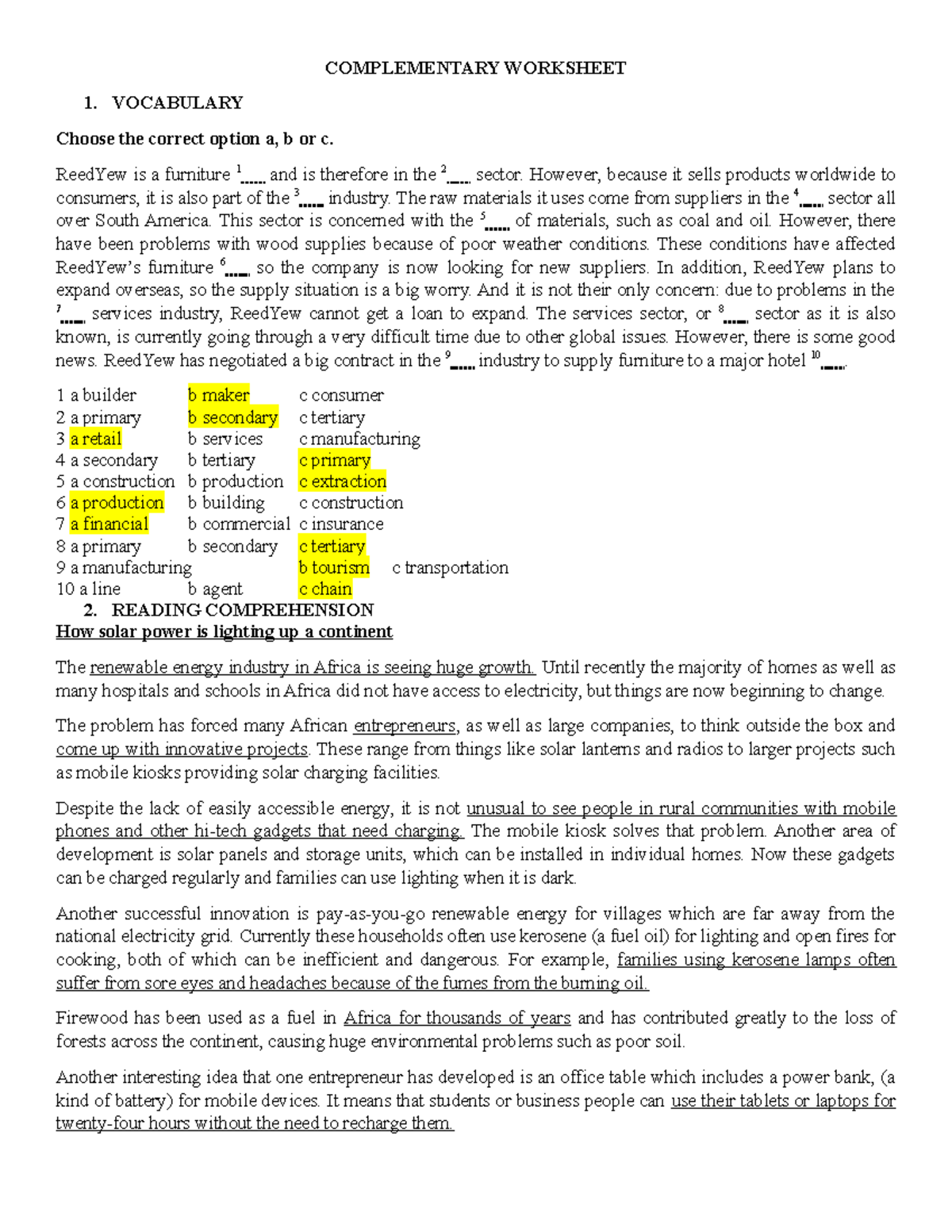 Complementary Worksheet 1: Vocabulary & Reading Comprehension - Studocu
