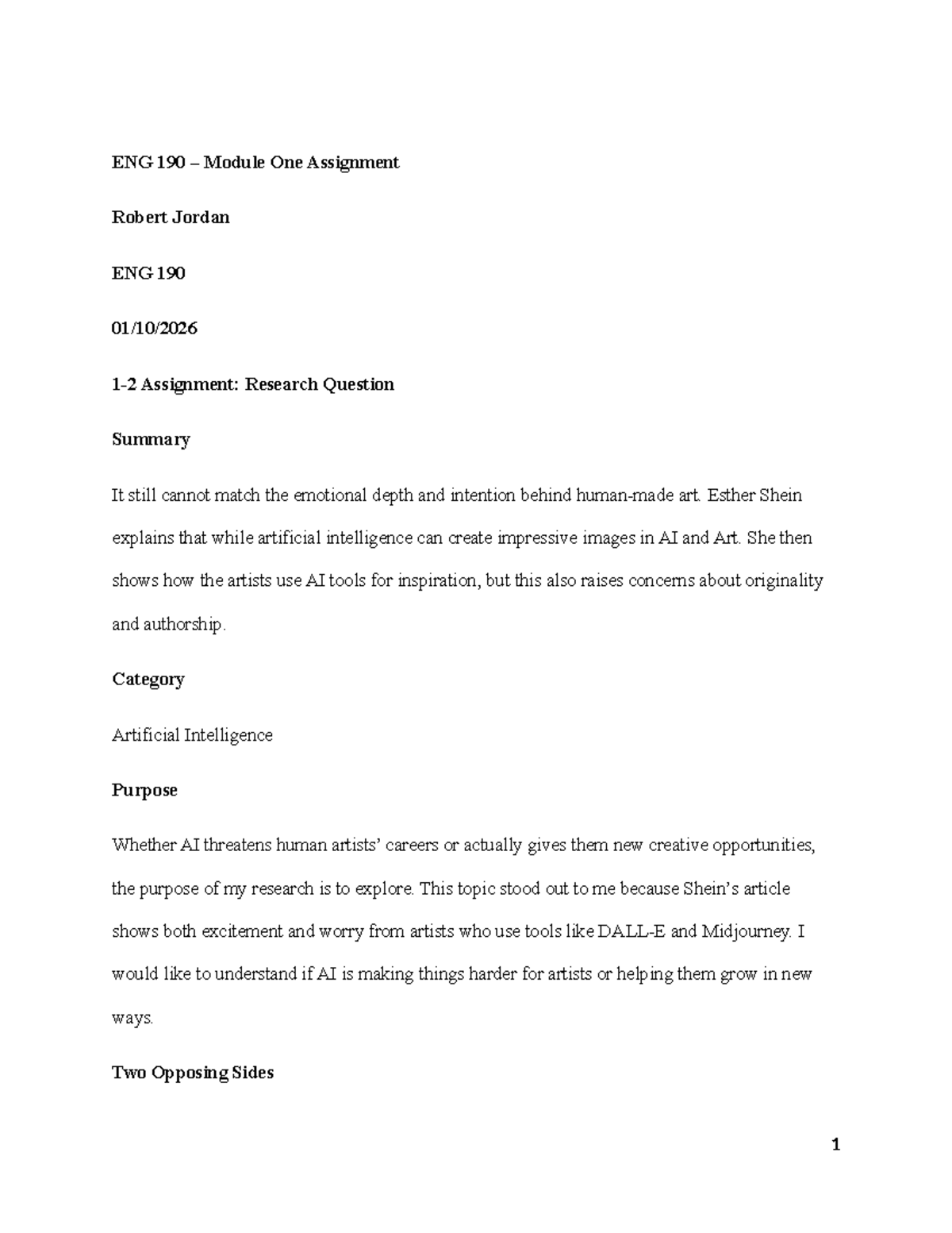ENG 190 Module One Assignment: AI's Impact on Art and Creativity - Studocu
