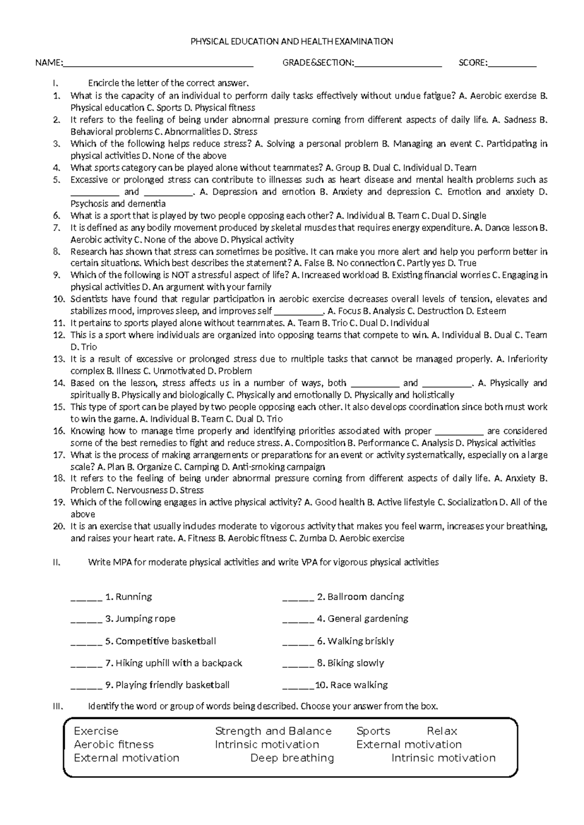 PE& Health EXAM I: Comprehensive Reviewer for Q1 - Studocu