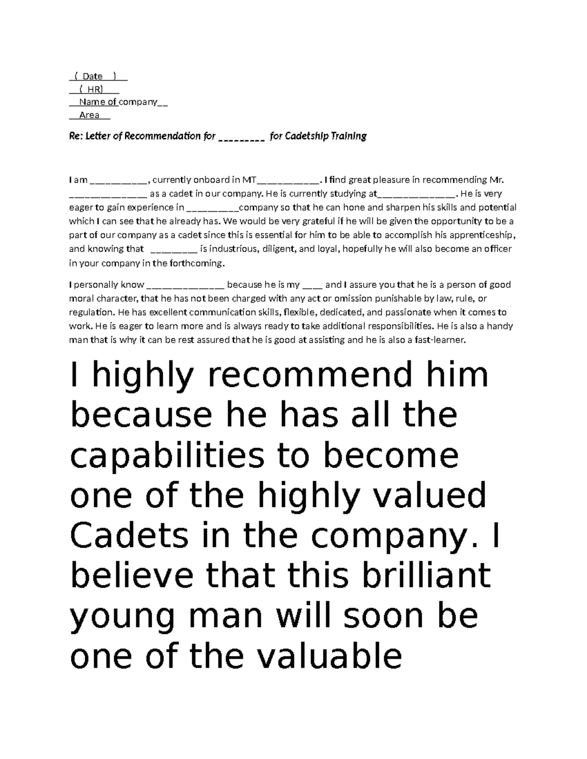 Recommendation Letter for Seaman Cadetship Training - Studocu