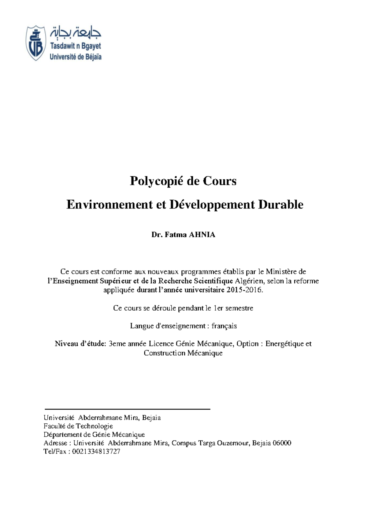 Cours #3ème année: Environnement et Développement Durable - Dr. Ahnia ...