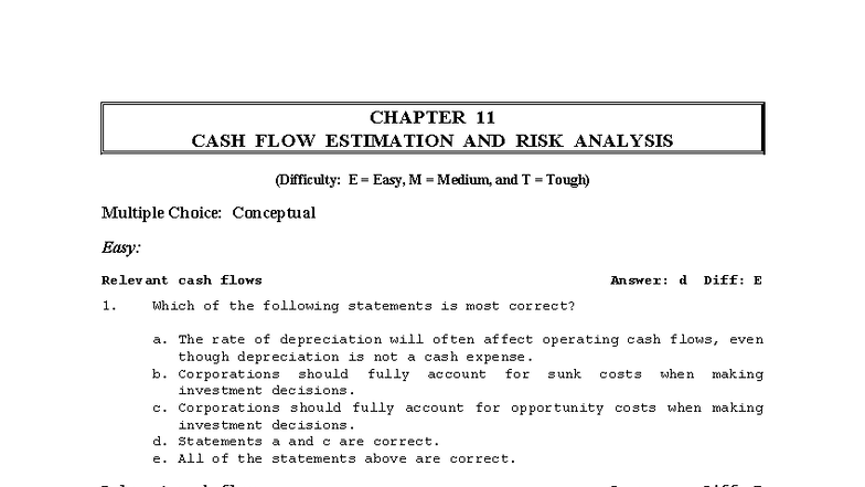 CHAPTER 11: CASH FLOW ESTIMATION AND RISK ANALYSIS - Study Notes - Studocu