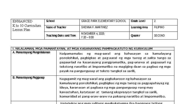 Filipino Q2 W4 D2 - Lesson Plan on Pantig and Diptonggo - Studocu