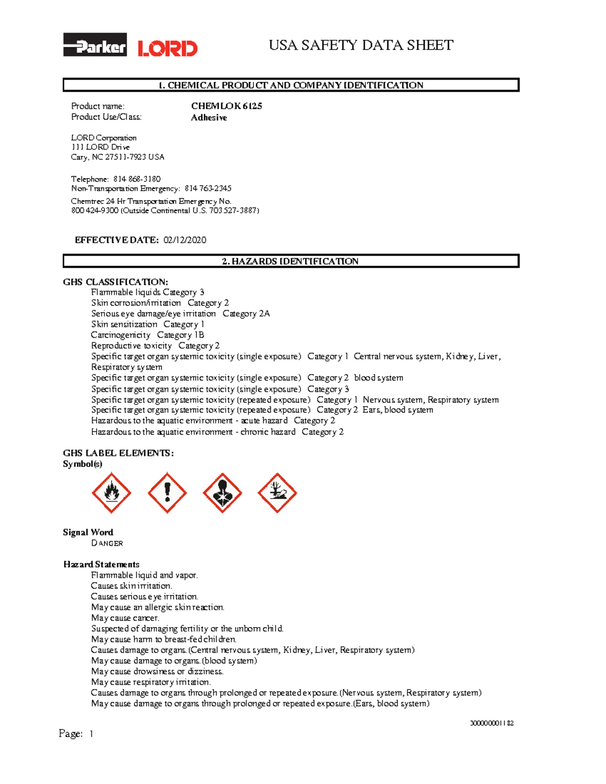 Hoja de Seguridad de CHEMLOK 6125 - Adhesivo y Precauciones (SDS) - Studocu