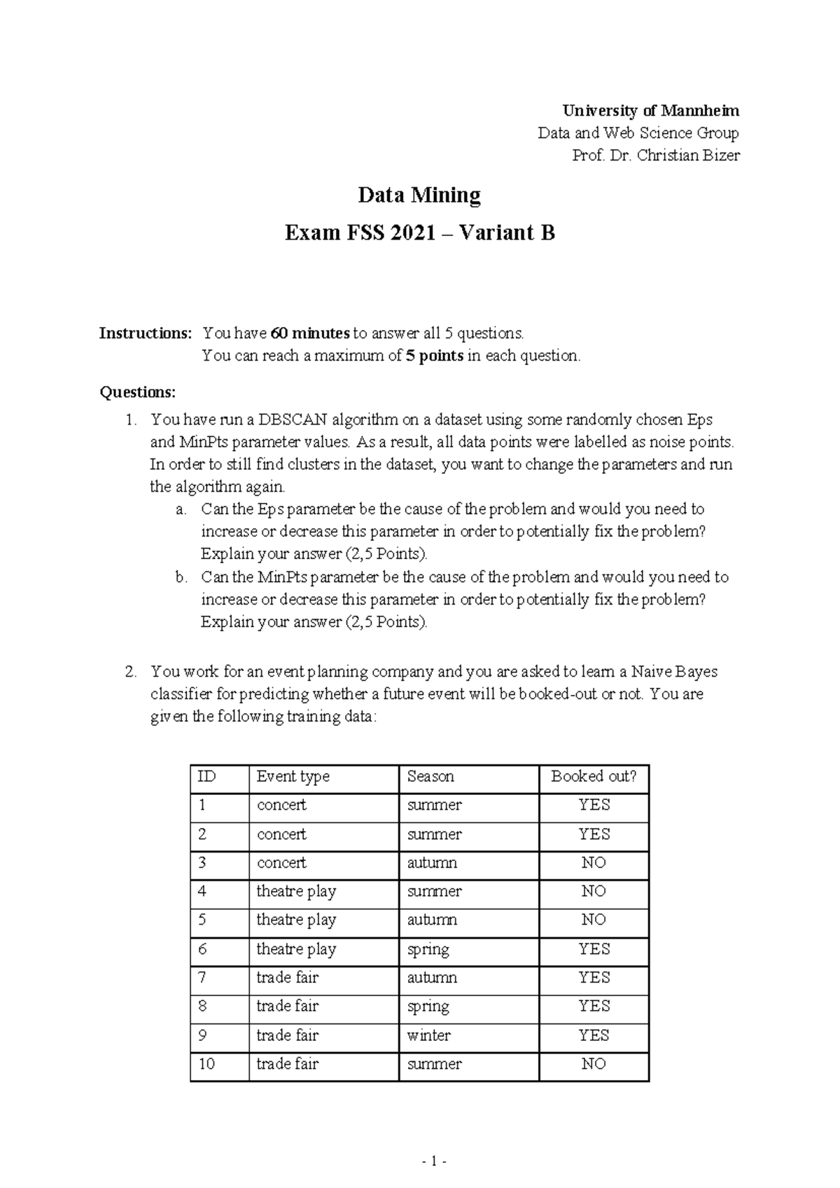 Data Mining I Exam FSS 2021 - Variant B - Questions & Solutions - Studocu