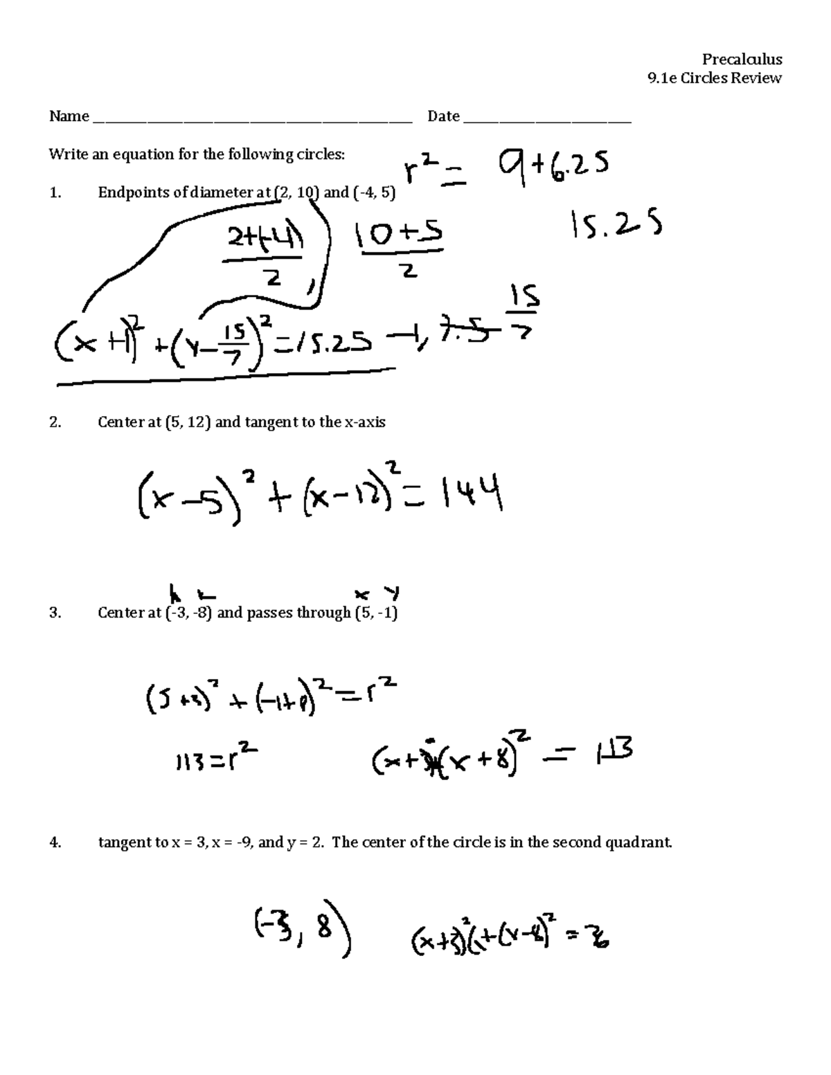 Precalculus 9.1e Circles Review: Equations & Properties - Studocu