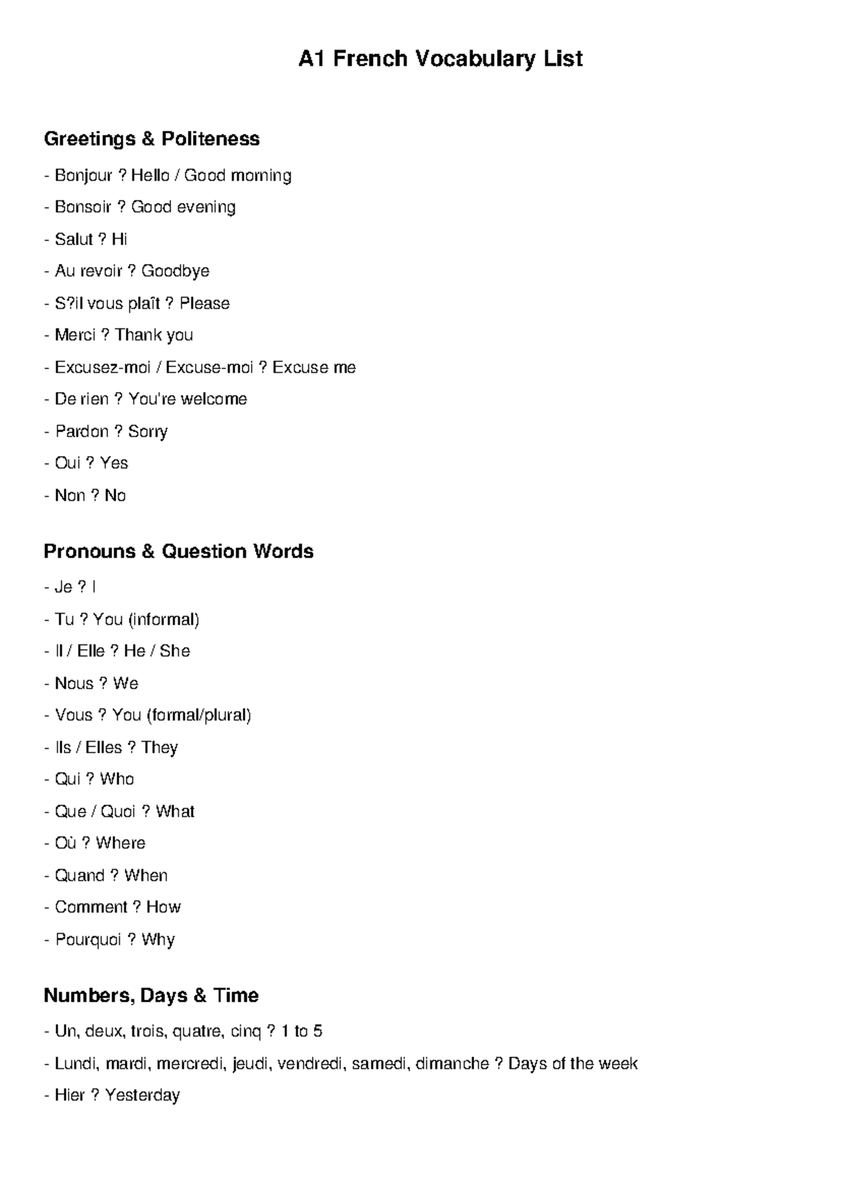 A1 French Vocabulary List: Greetings, Verbs, and Common Phrases - Studocu