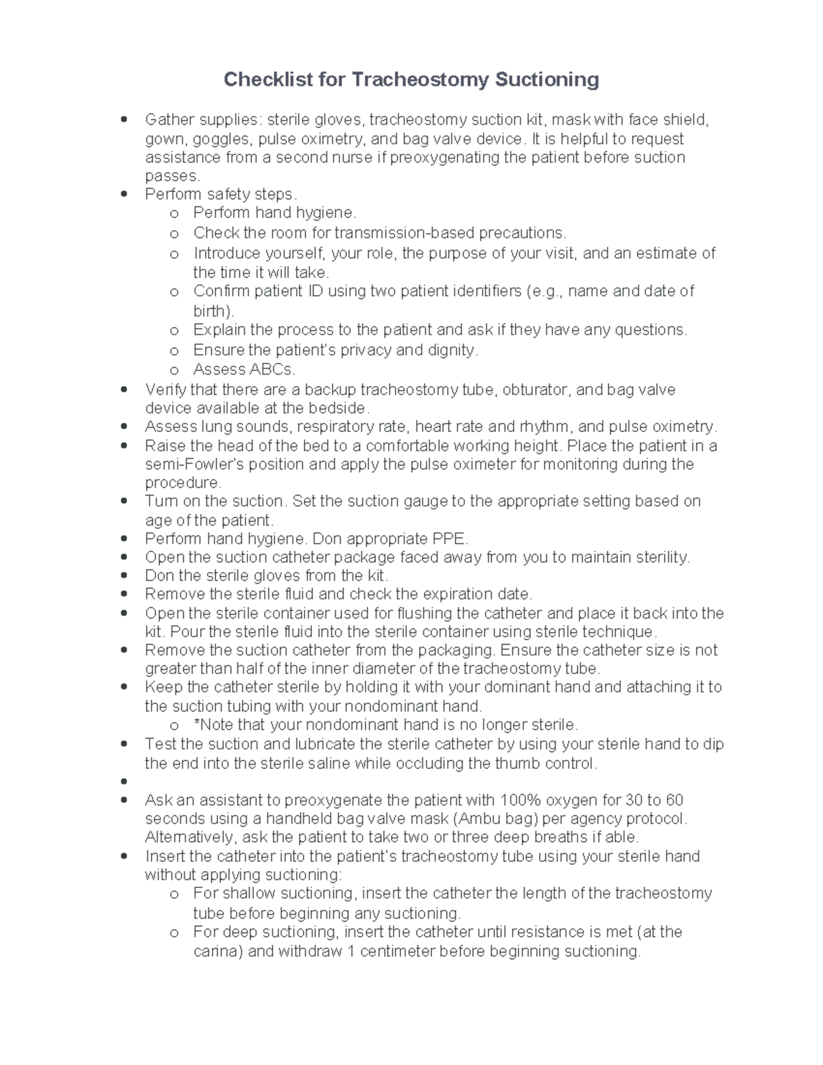 Tracheostomy Suctioning Checklist: Essential Steps and Supplies - Studocu