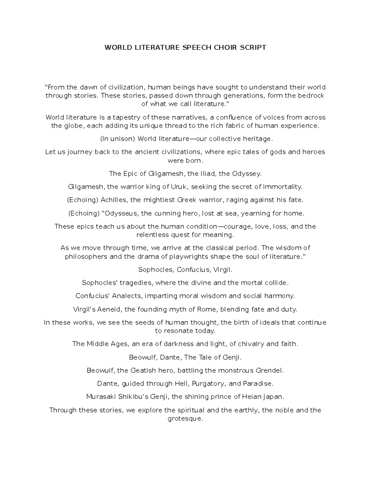 World Literature Speech Choir Script: A Journey Through Time - Studocu