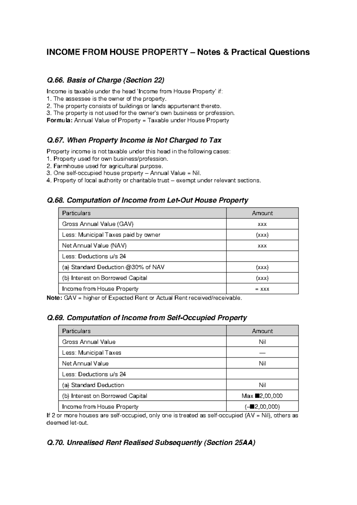 Income from House Property Notes: Practical Questions & Computation ...