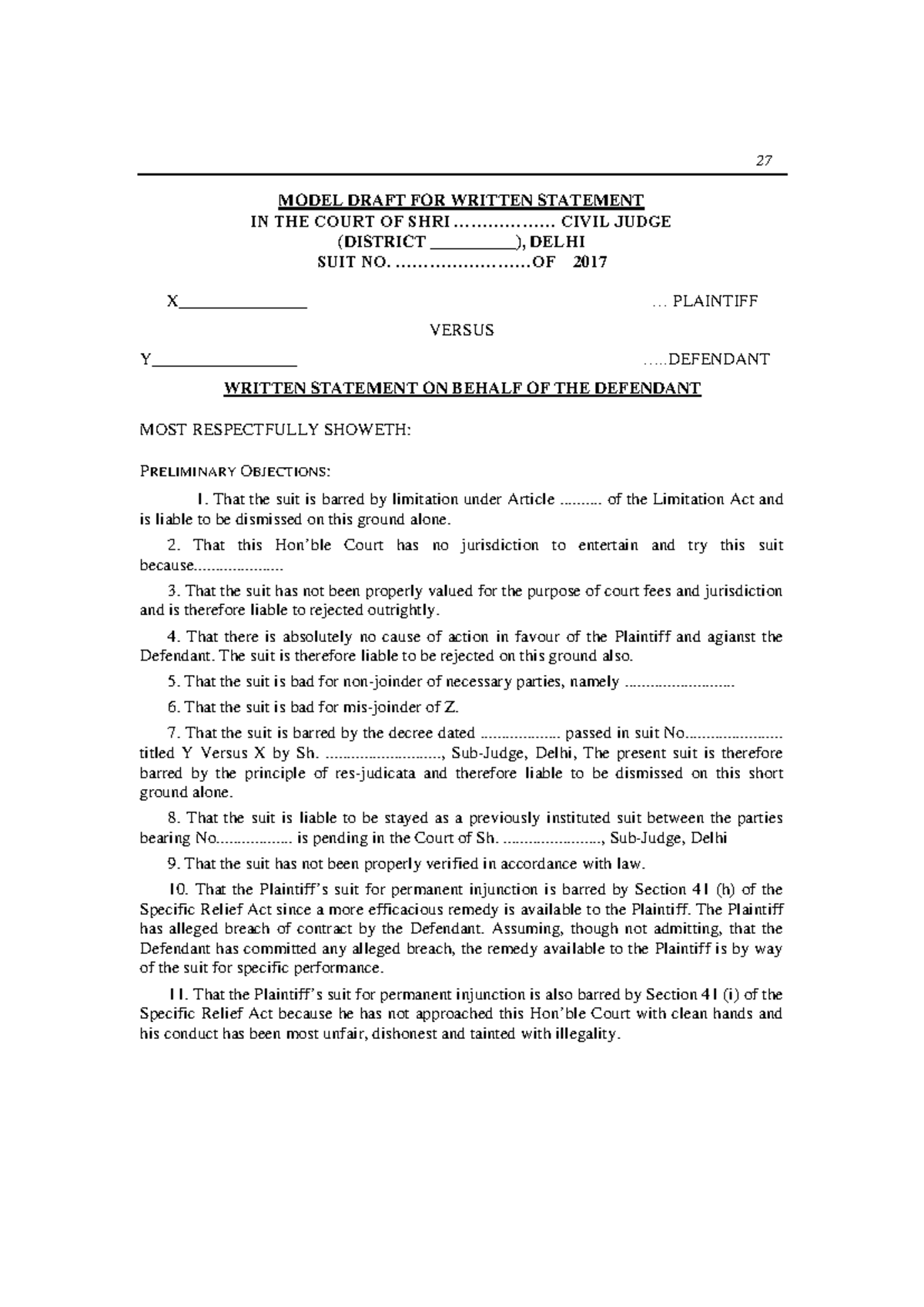 Model Written Statement Draft for Civil Suit - Sample Document - Studocu