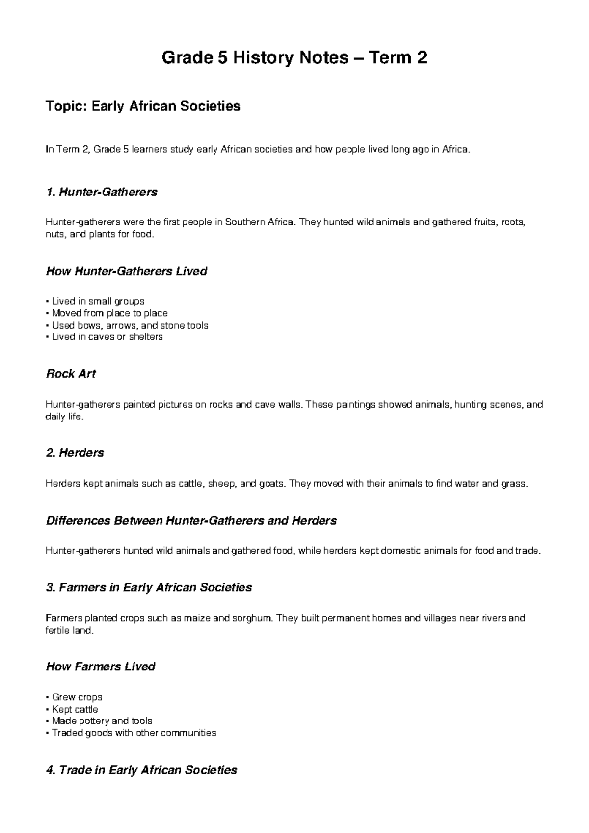 Grade 5 History Term 2: Early African Societies Notes - Studocu