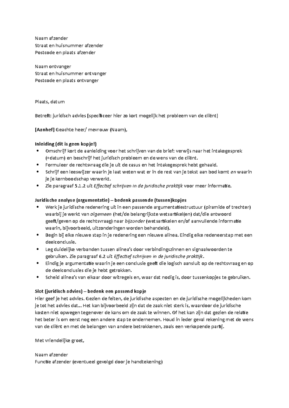 Format Juridische Adviesbrief voor JUR123 - Praktijkoefening - Studeersnel