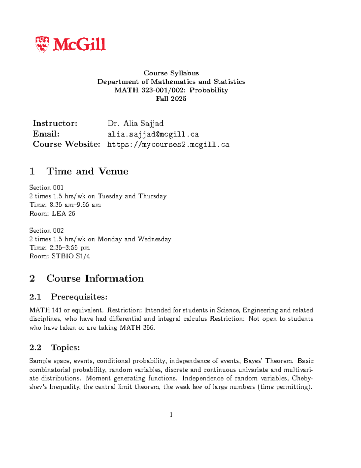 MATH 323 Course Syllabus: Probability Fall 2025 Overview - Studocu