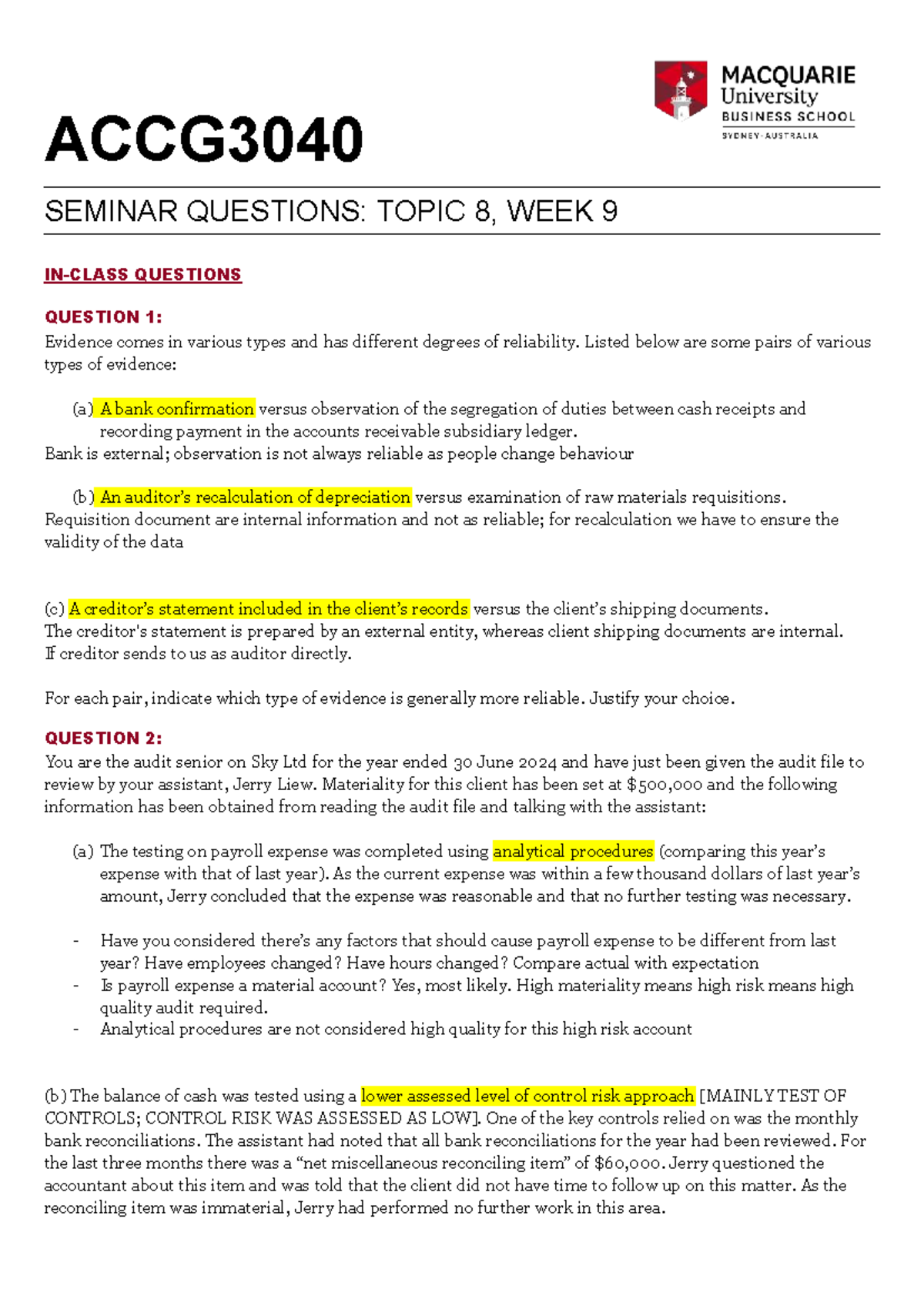 ACCG3040 Tutorial Questions: Seminar on Audit Evidence and Procedures ...