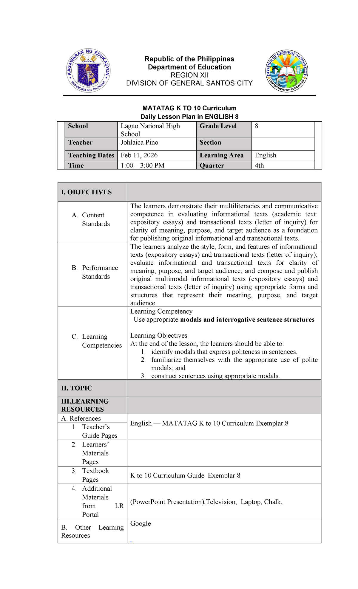 ENGLISH 8 DLP: Modals & Interrogative Sentences - Feb 11, 2026 - Studocu