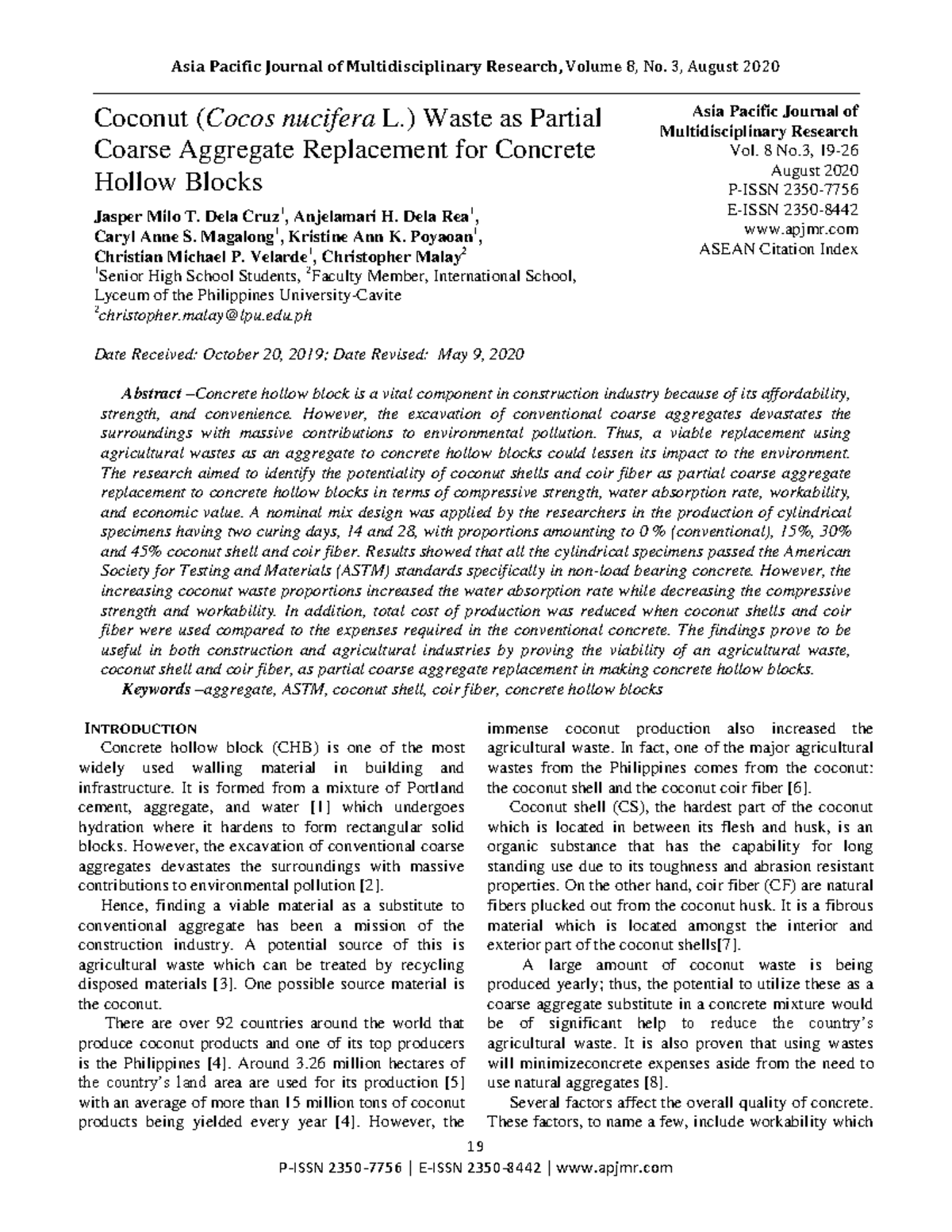 Coconut Waste as Coarse Aggregate in Concrete Hollow Blocks: APJMR Vol ...