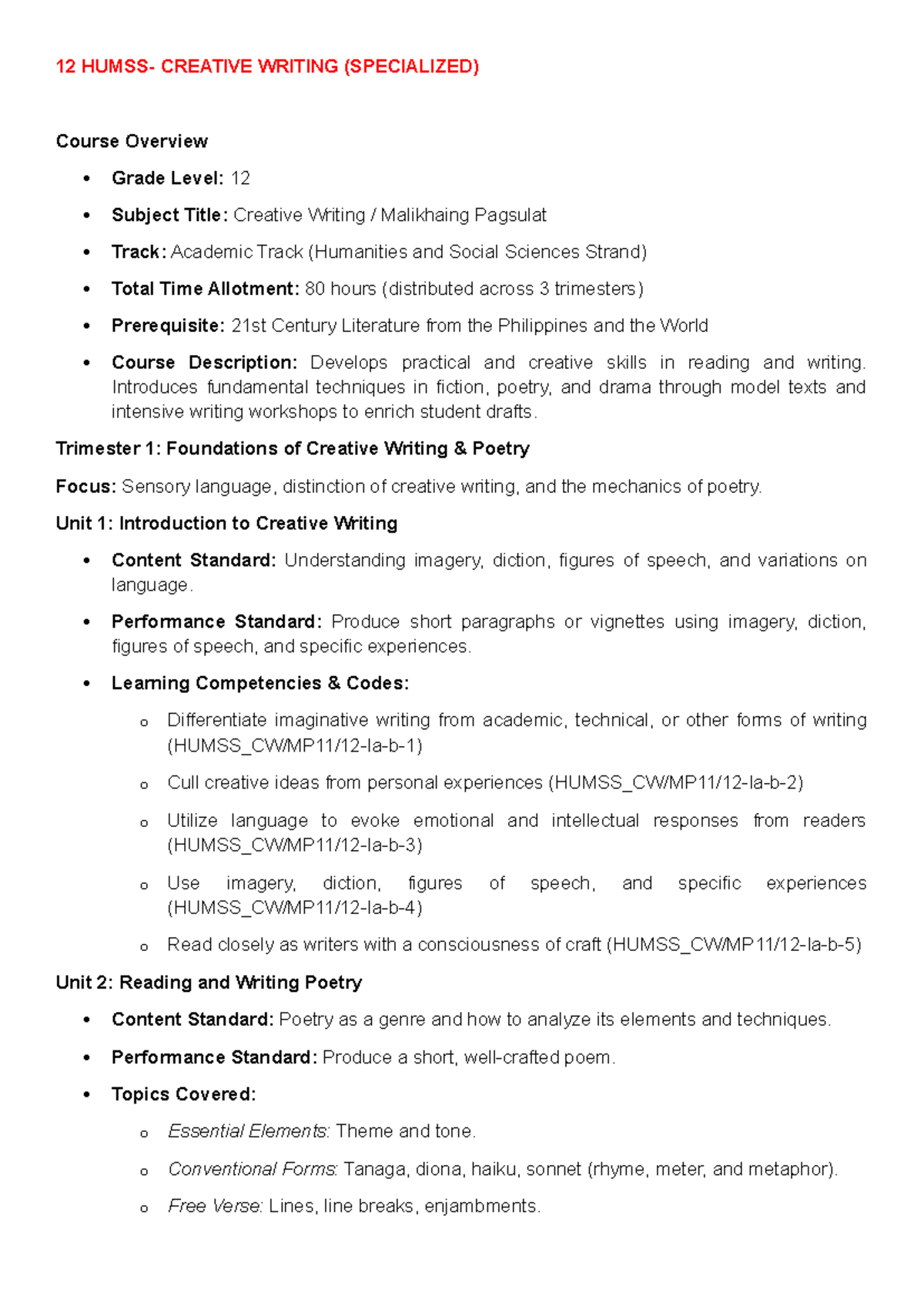 C W 12 HUMSS Trimester Course Guide: Creative Writing Overview - Studocu