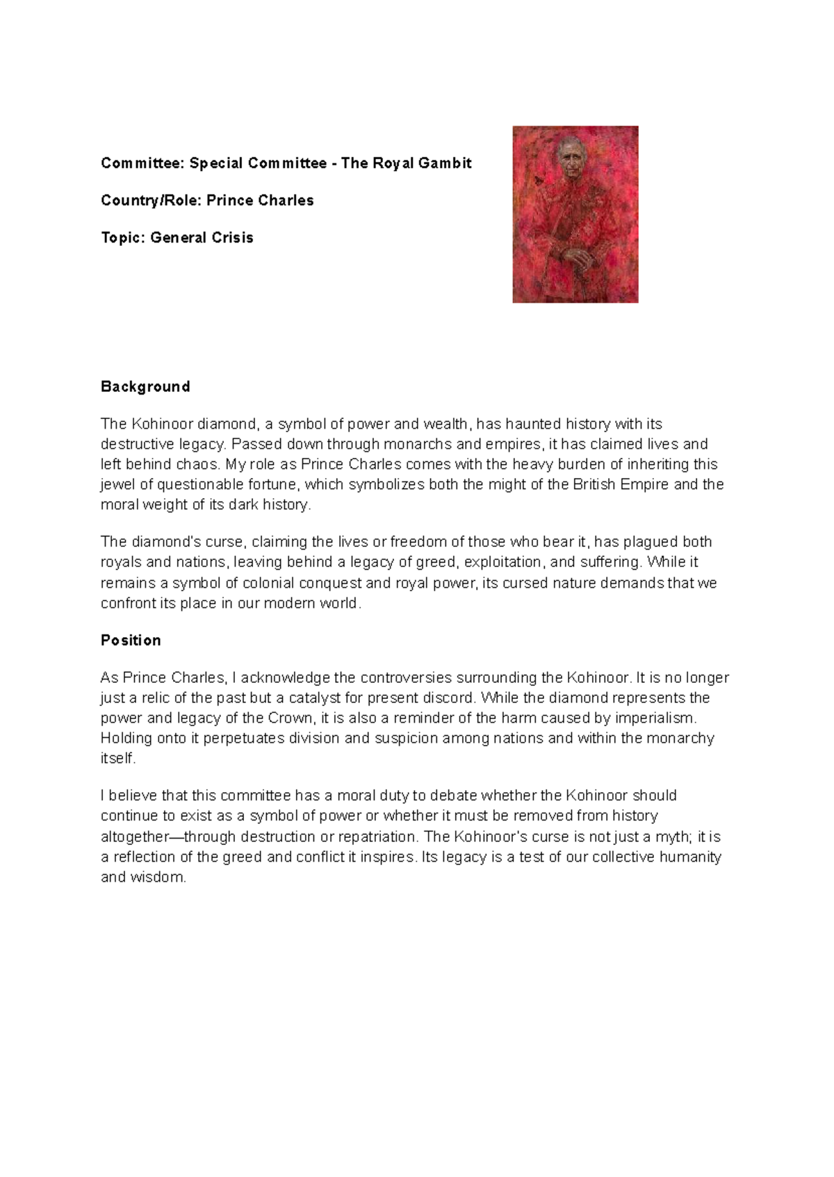 Position Paper - Kohinoor Diamond Debate by Prince Charles - Studocu