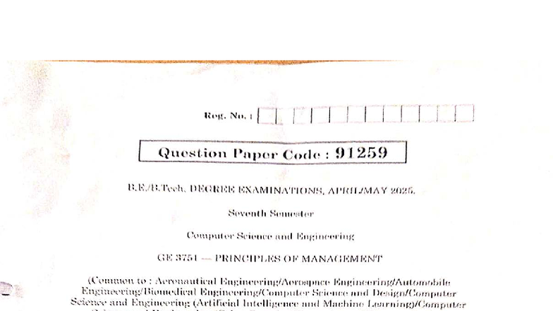 GE 3751 Principles of Management - Question Paper 91259 (2025) - Studocu