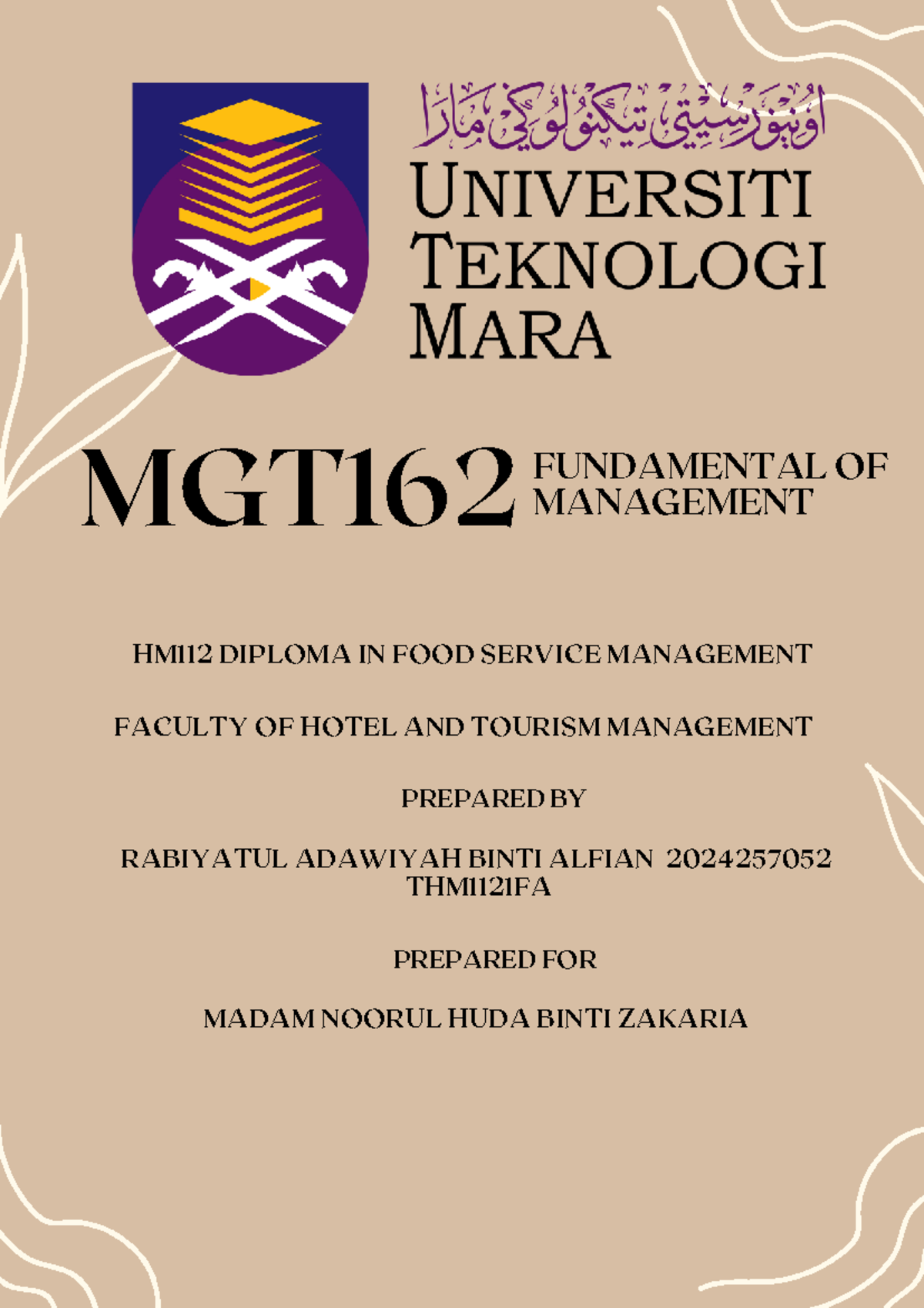 MGT162 Individual Assignment: Insights on Management Fundamentals - Studocu