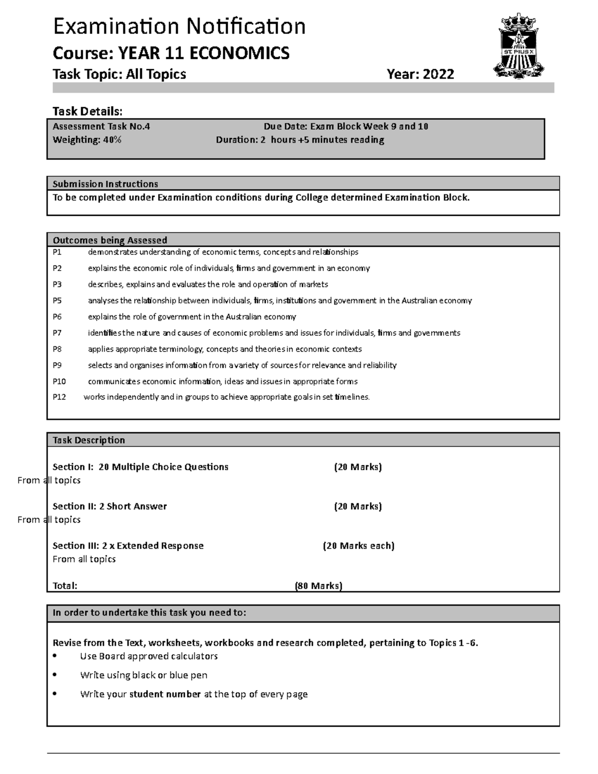 Year 11 Economics Exam Notification 2022 - Assessment Task No. 4 - Studocu