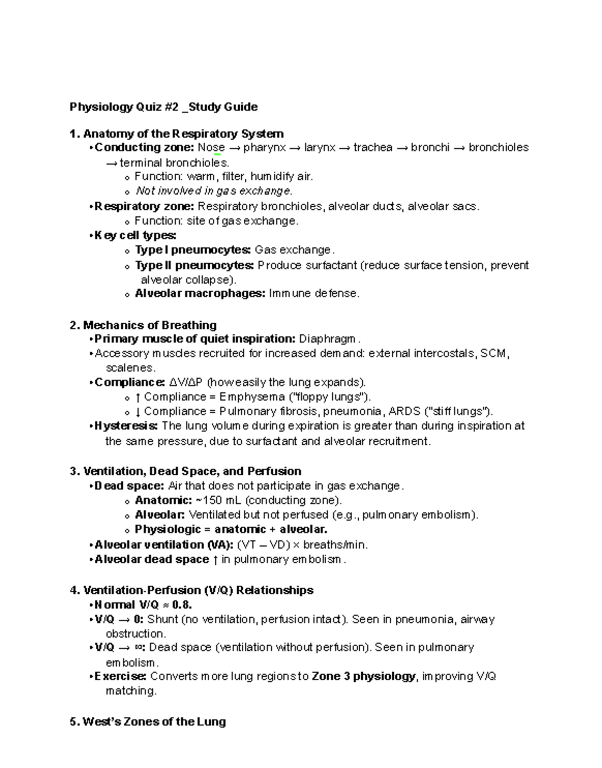 Physiology Quiz #2 Study Guide: Key Concepts of the Respiratory System ...